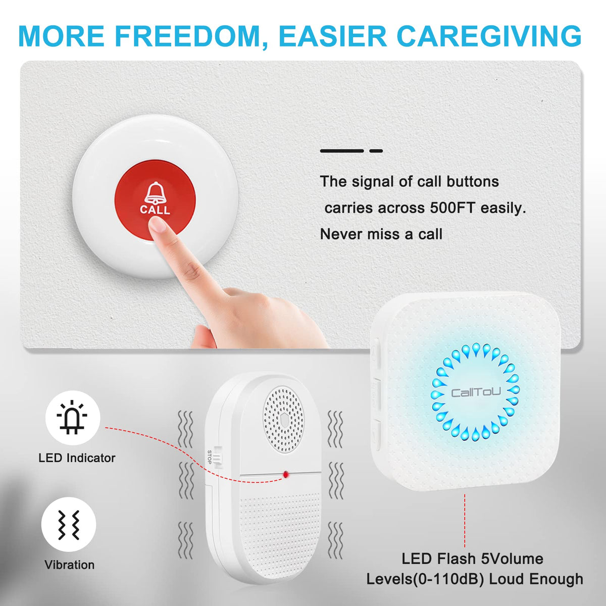 CallToU Caregiver Pager Call Button Waterproof 500+ FT Nurse Alert System