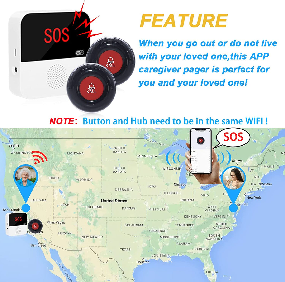 CallToU Fall Alert Device for Elderly Patient Seniors Disabled